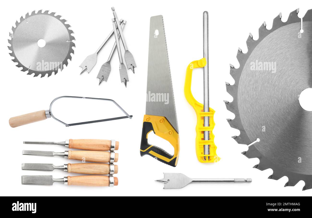 Collage with different modern carpenter's tools on white background ...