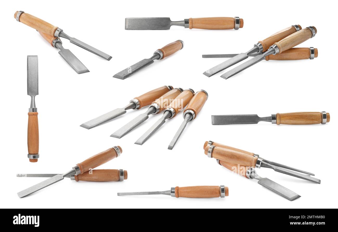 Collage with chisels on white background. Carpenter's tools Stock Photo ...