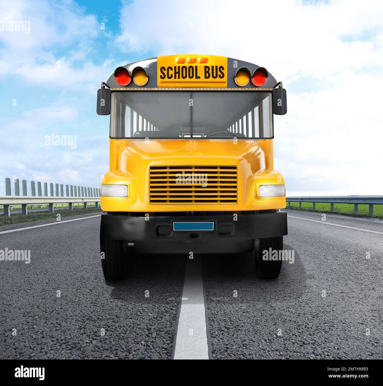 Yellow school bus on road outdoors. Transport for students Stock Photo ...