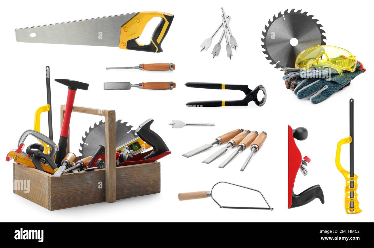 Collage with different modern carpenter's tools on white background ...