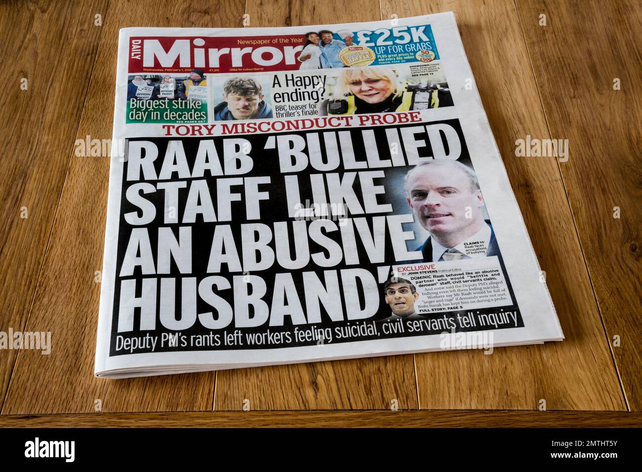 1 Feb 2023 Daily Mirror headline reads Raab 'Bullied staff like an ...