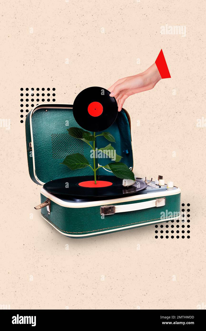 Composite collage image of hand holding growing retro vintage vinyl ...