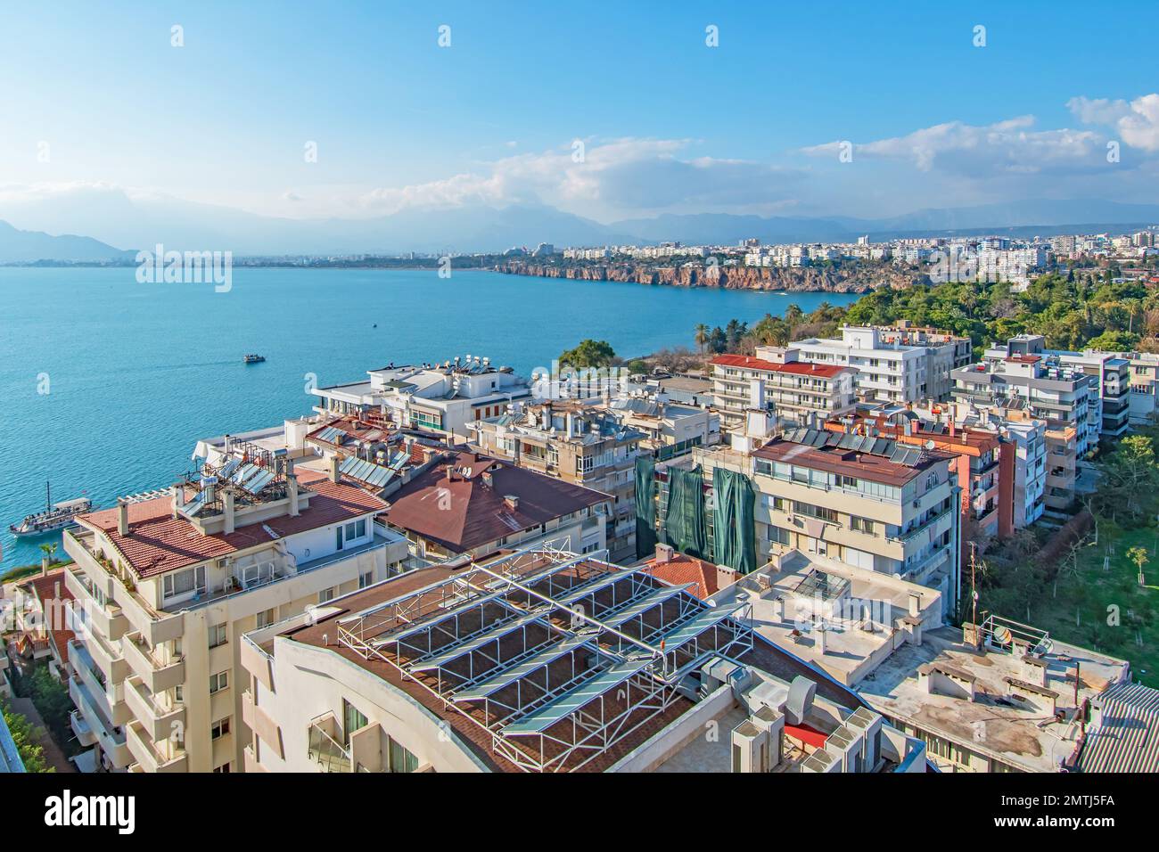 A high Morning view across colourful Antalya bay Turkey in January ...