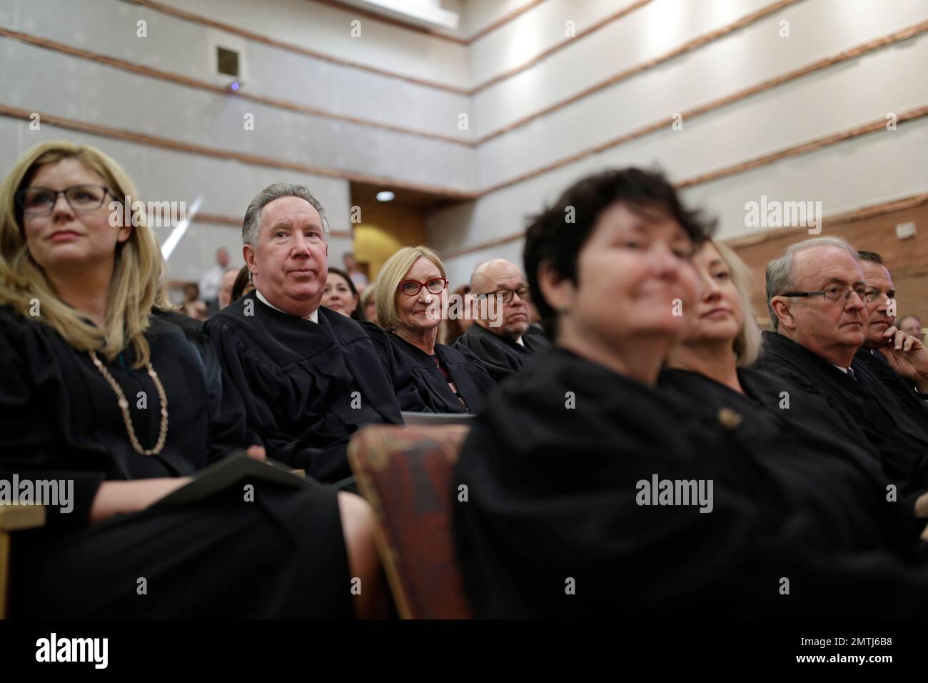 Judges listen during an investiture ceremony for Tierra Jones, Friday ...
