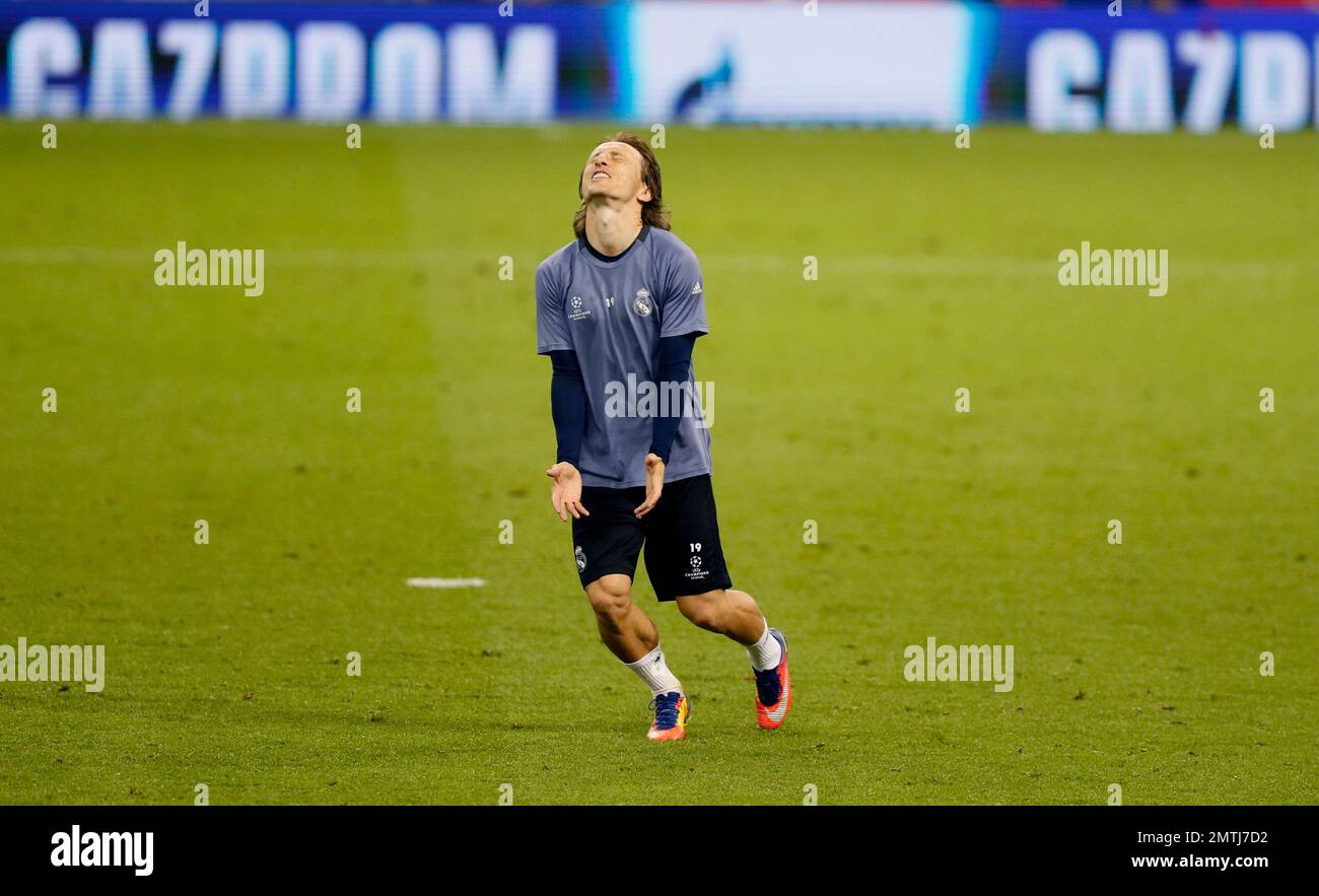 Real Madrid's Luka Modric reacts during a training session at the ...