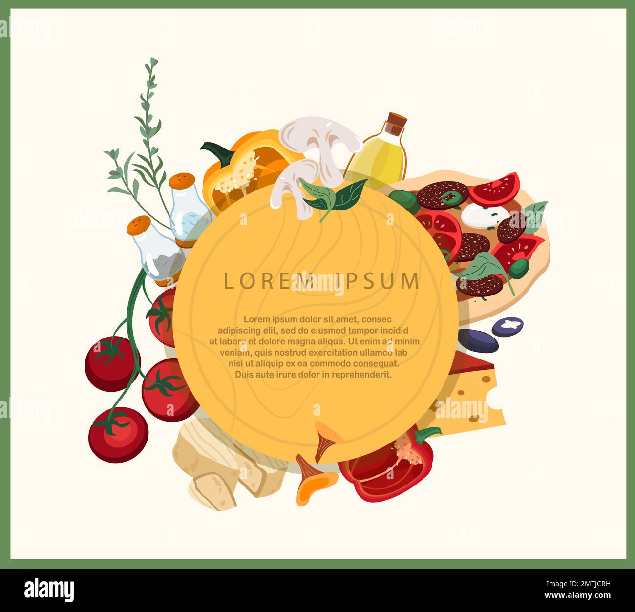 Ad banner for pizzeria with round wooden board food ingredients,place ...