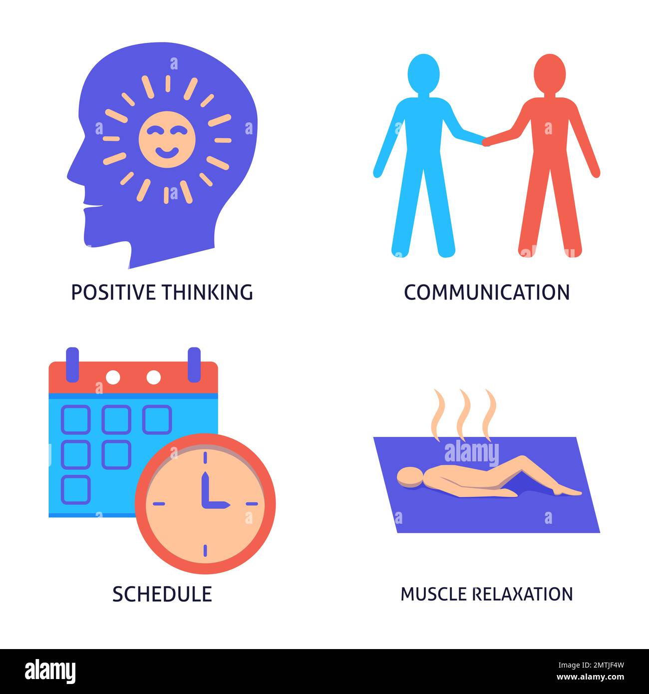 Stress management icon set in flat style. Good mental health. Vector ... Stress management icon set in flat style. Good mental health. Vector ...