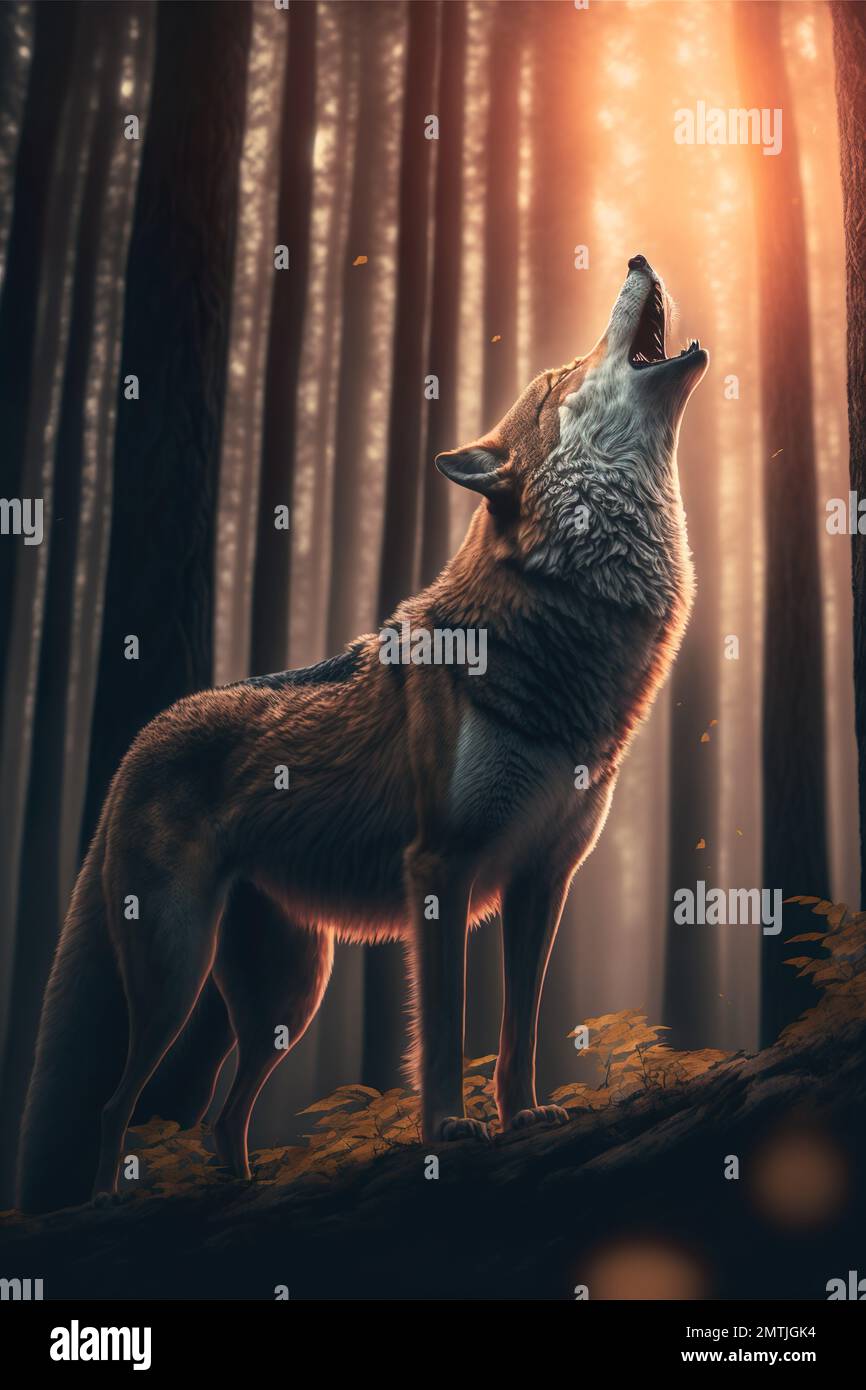An AI generated illustration of a howling fox standing on the rock in ...