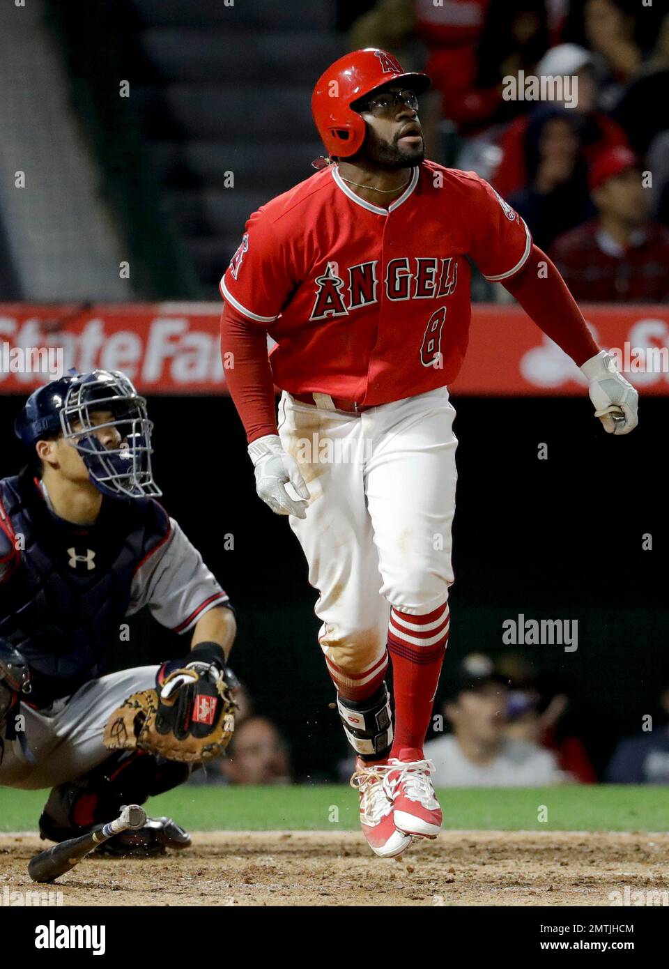 Los Angeles Angels' Eric Young Jr. watches his home run against the ...