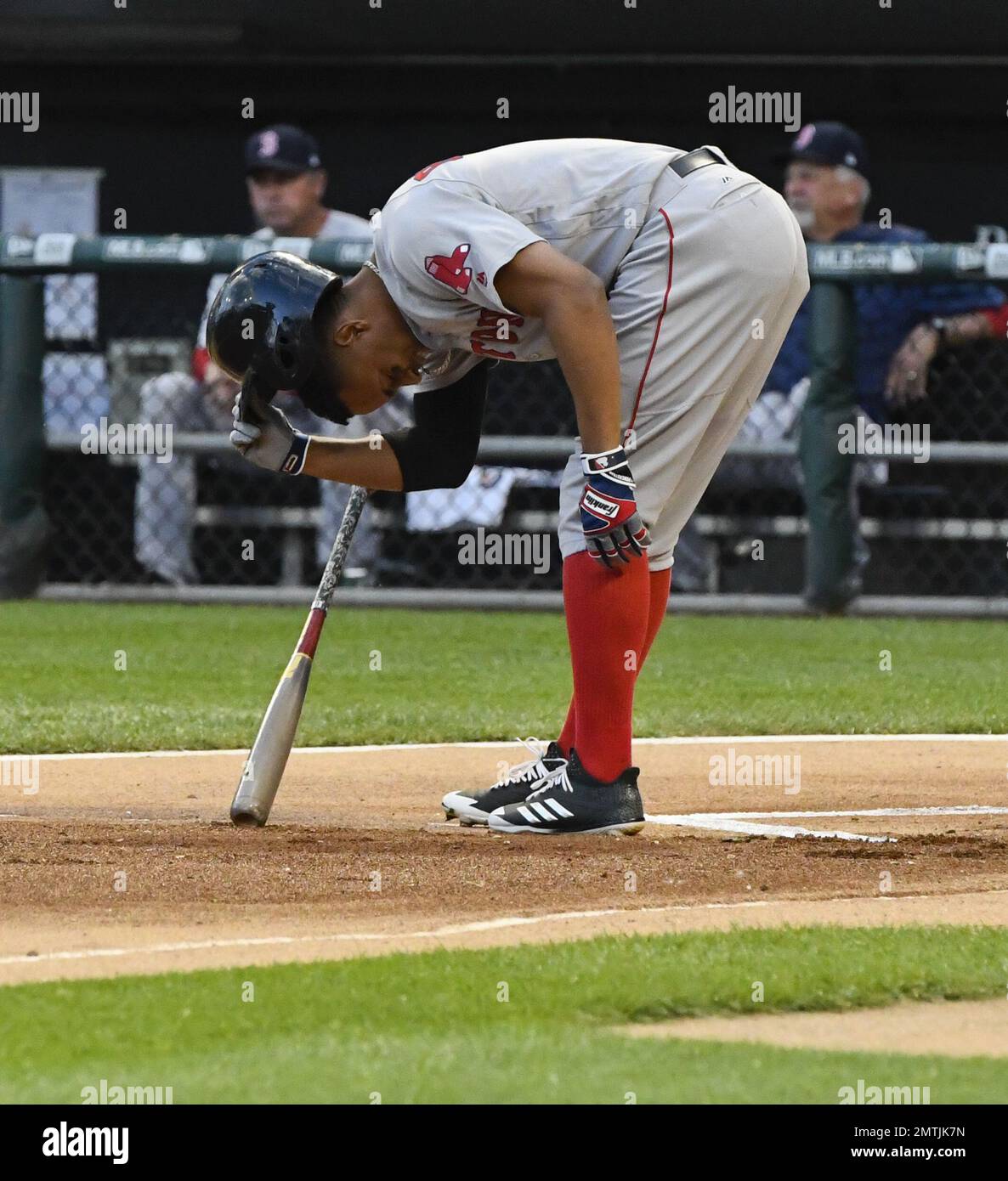 Boston Red Sox shortstop Xander Bogaerts reacts after being called out ...