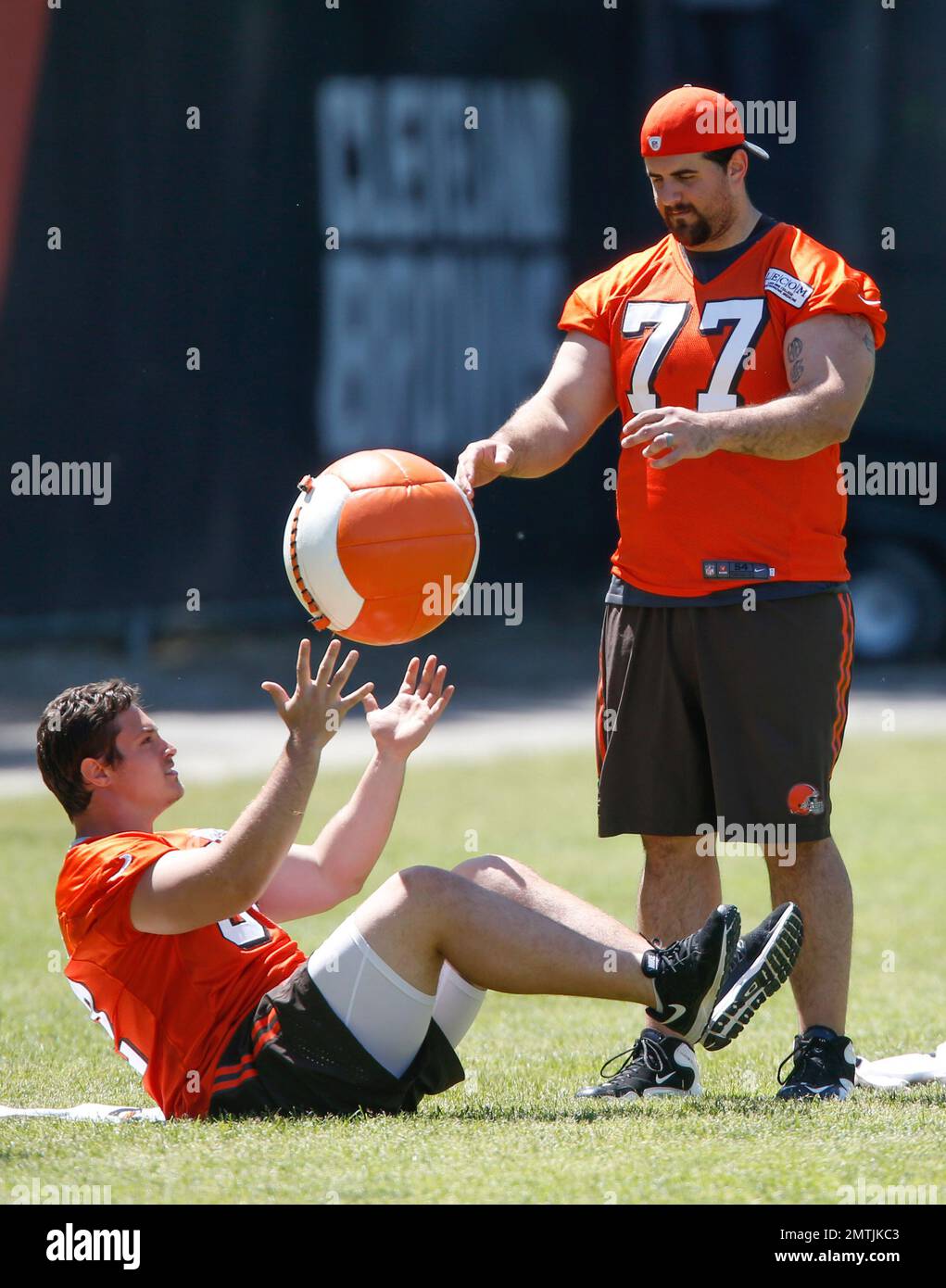 Cleveland Browns guard John Greco (77) works with center Austin Reiter ...