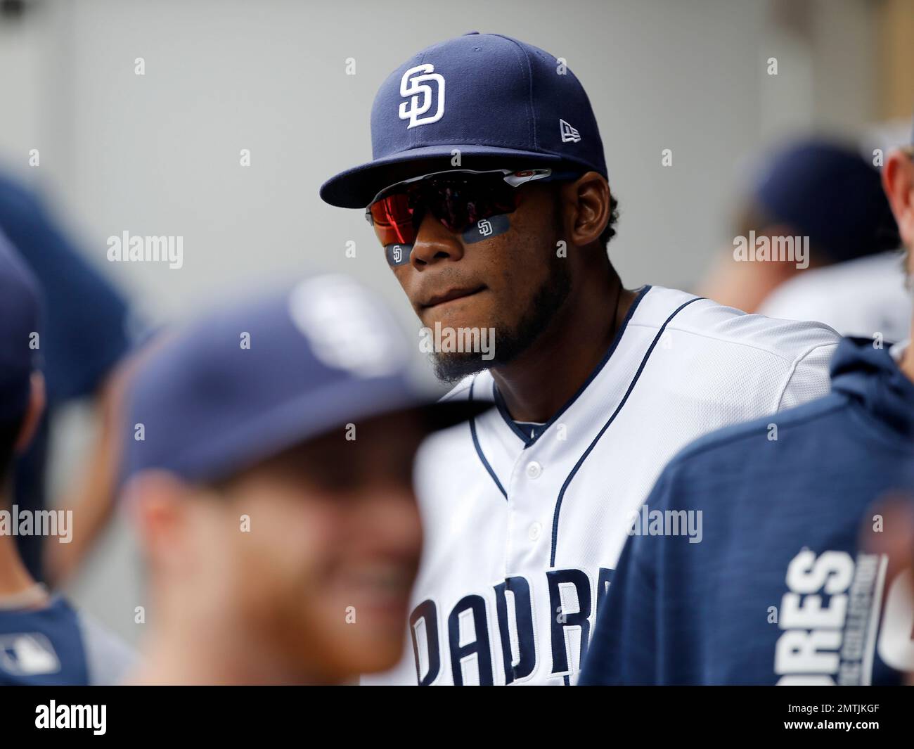 San Diego Padres' Franchy Cordero waits to take the field before the ...