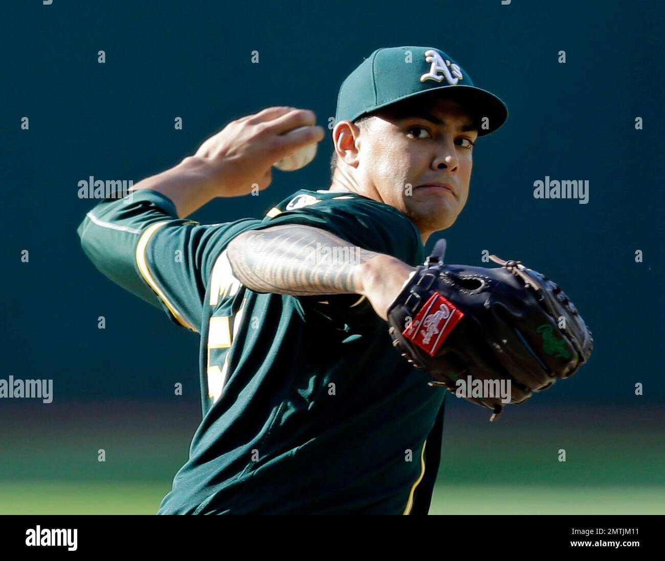 Oakland Athletics starting pitcher Sean Manaea delivers in the first ...