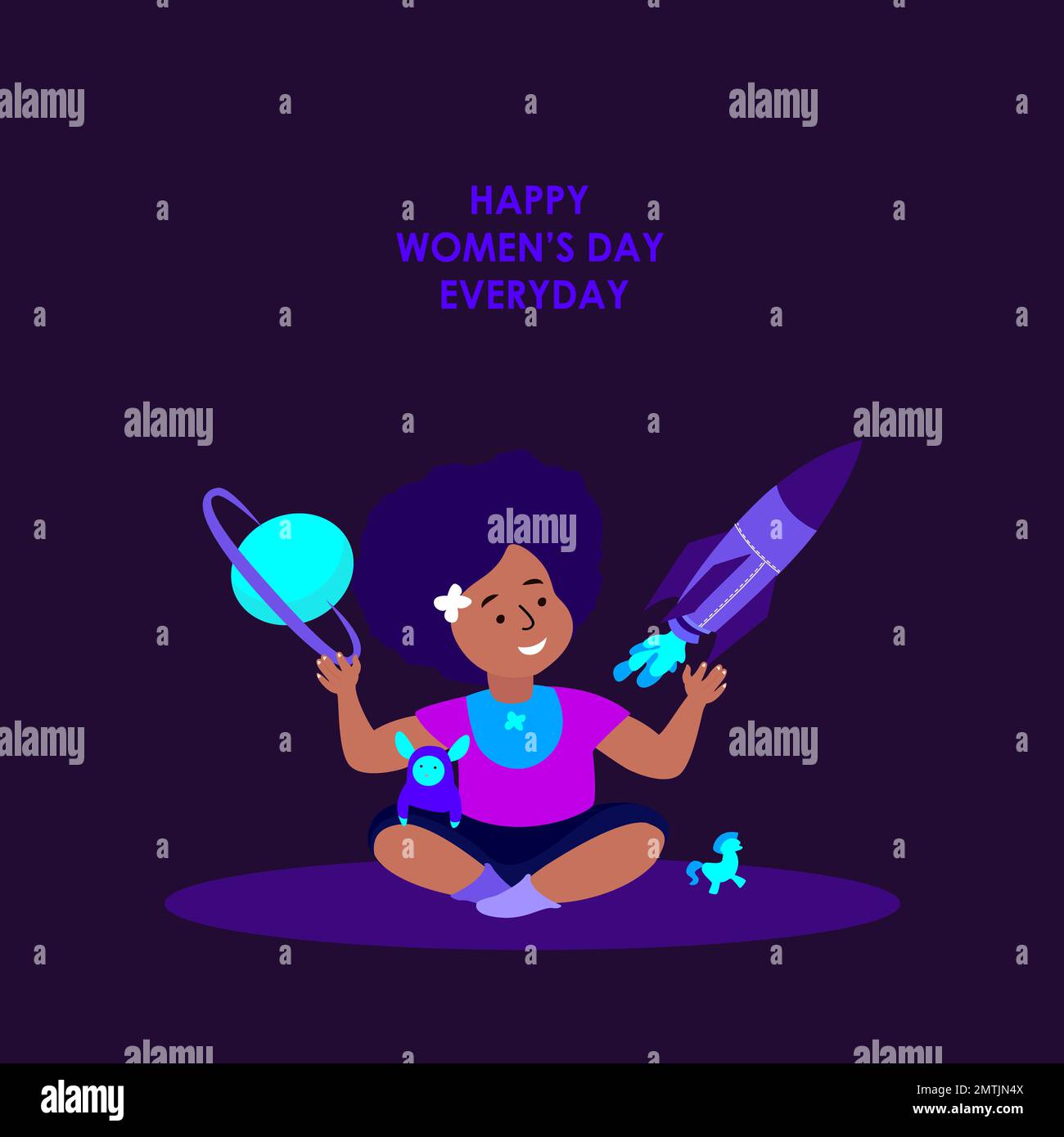 International Women Day.Little African Girl play with Rocket Space ...