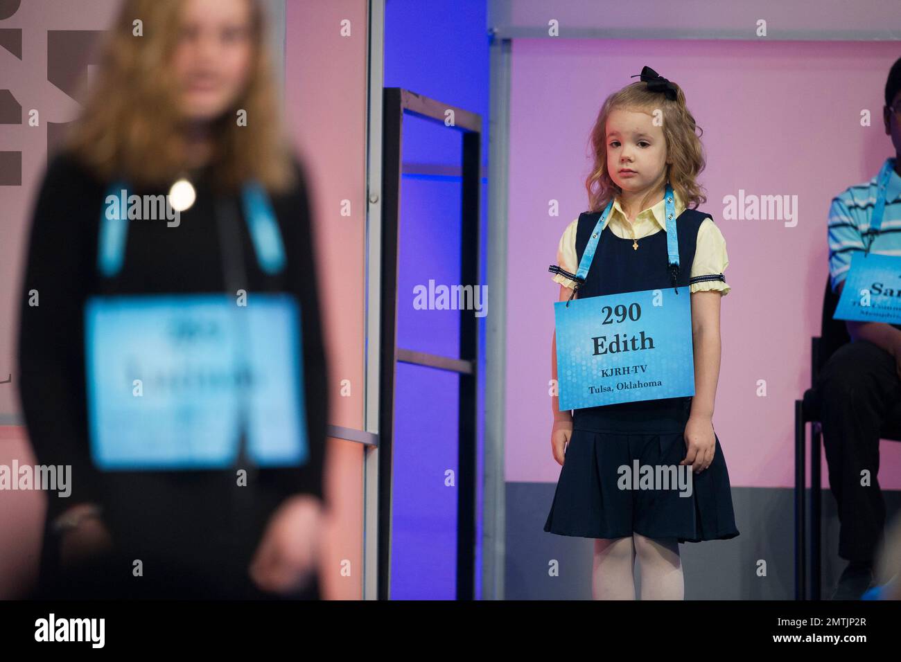 Edith Fuller, 6, from Tulsa, Okla., waits to spell her word in the 90th ...