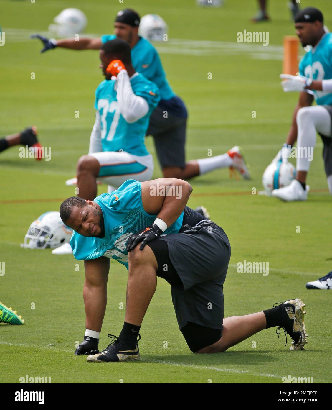 Miami Dolphins defensive tackle Ndamukong Suh stretches out during an ...