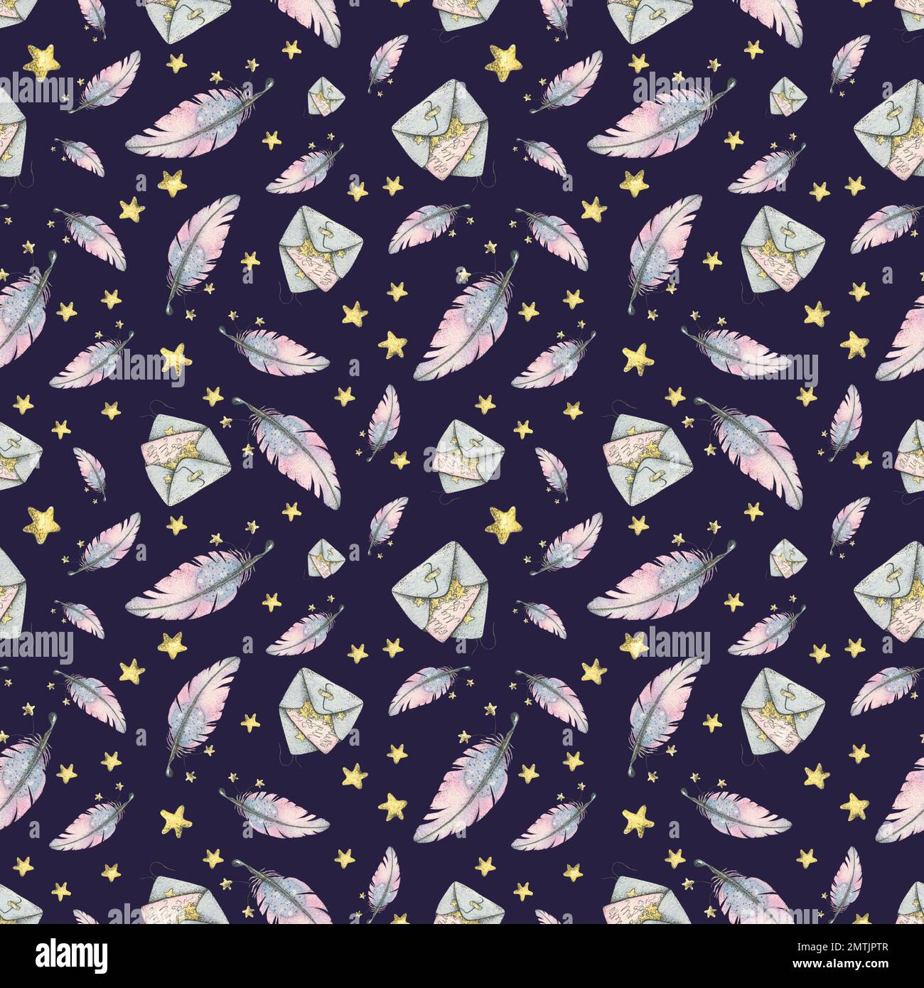 Magic letters for Santa Claus with feathers and stars on a dark ...