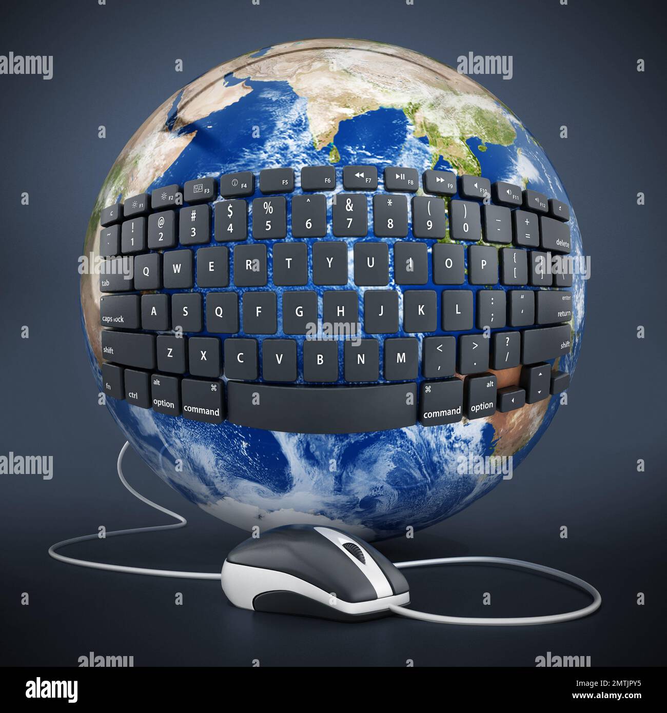 Black keyboard wrapped on the earth connected to computer mouse. 3D ...