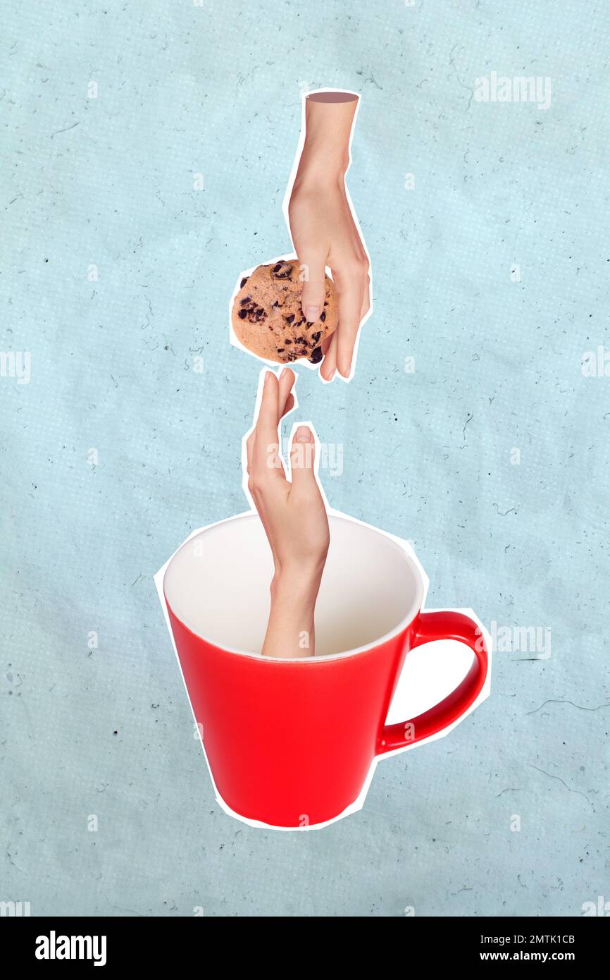 Creative drawing collage picture of hands holding cookie coffee tea vup ...