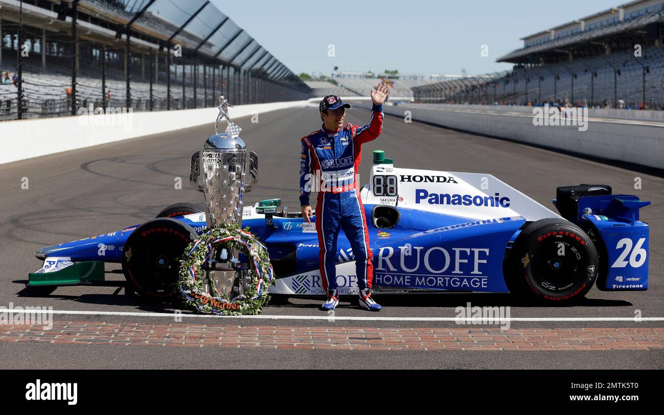 Indianapolis 500 champion Takuma Sato, of Japan, poses with the Borg ...