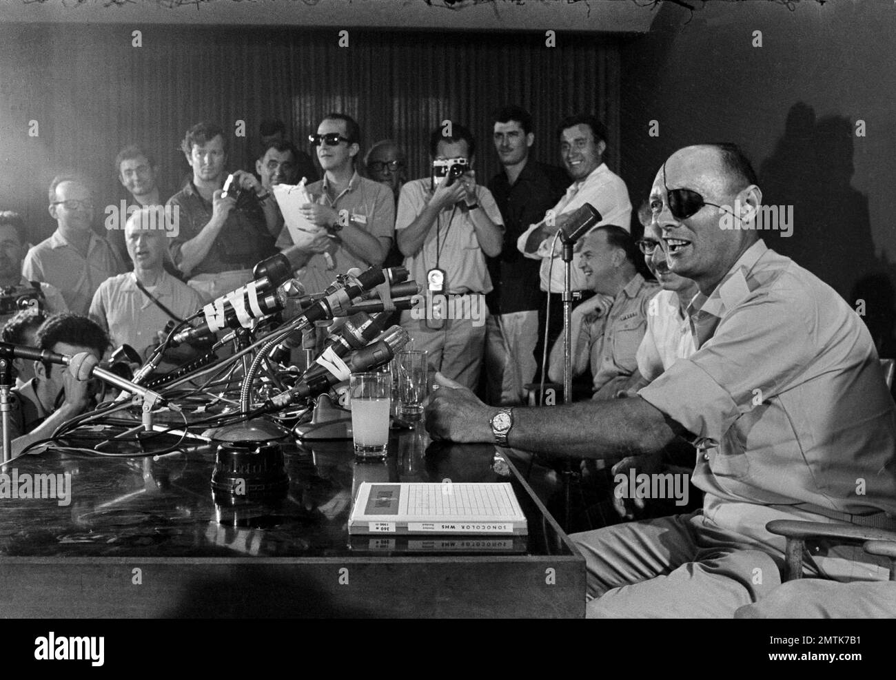 File - In this June 3, 1967 file photo, Gen. Moshe Dayan talks to ...