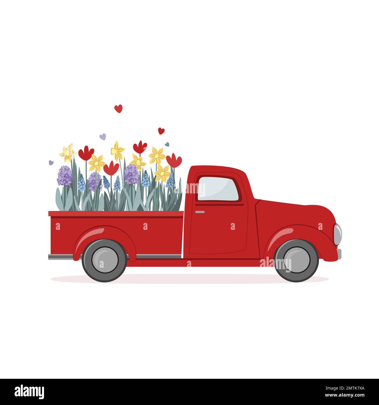 Old red vintage truck with spring flowers in the back. Woman day or ...