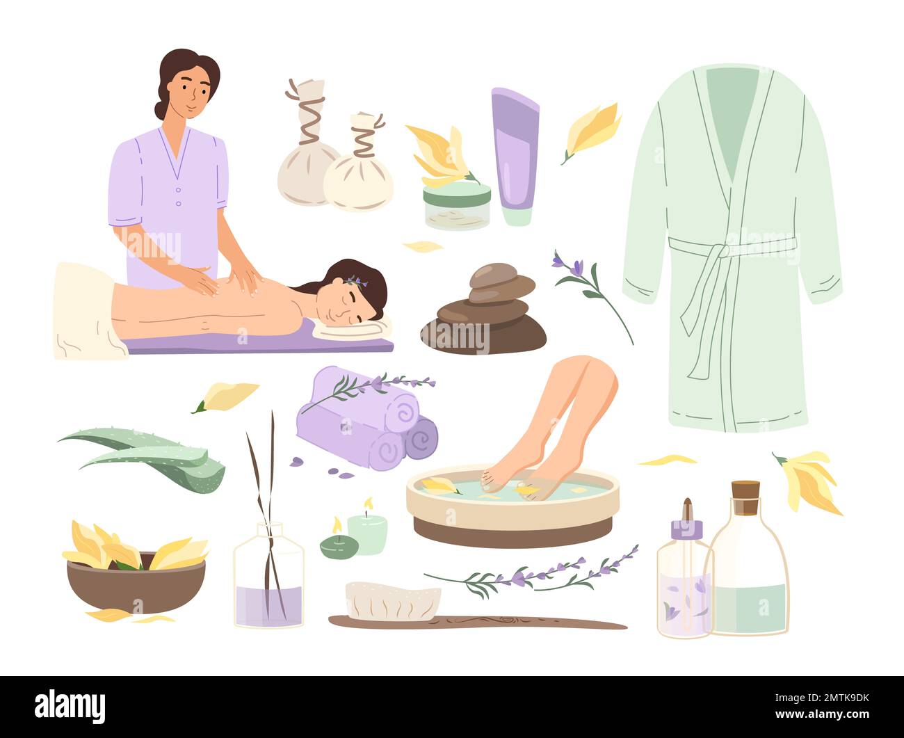 Spa Center service flat vector illustrations set.Beauty salon visitors and worker cartoon ...