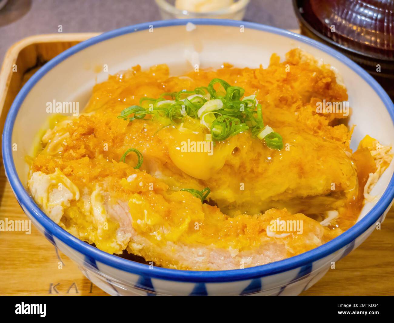 Close up shot of deep fried pork chop rice with egg at Taipei, Taiwan ...