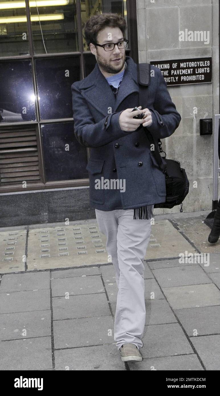 Seth Rogen makes some funny faces as he leaves BBC Radio 1 after an ...