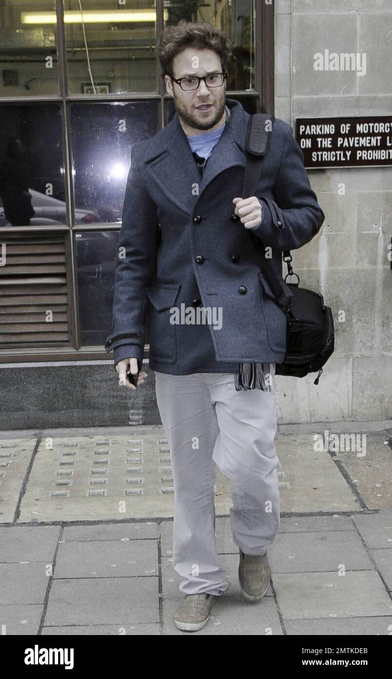 Seth Rogen makes some funny faces as he leaves BBC Radio 1 after an ...