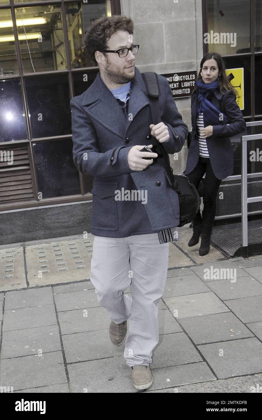 Seth Rogen makes some funny faces as he leaves BBC Radio 1 after an ...