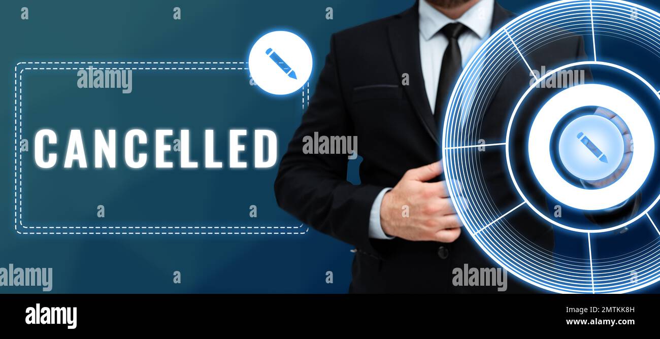 Text caption presenting Cancelled. Business idea decide or announce ...