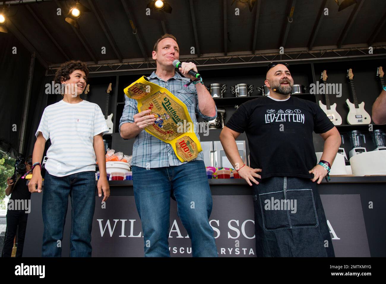 Justice Faustina, from left, Joey Chestnut, and Duff Goldman seen at ...