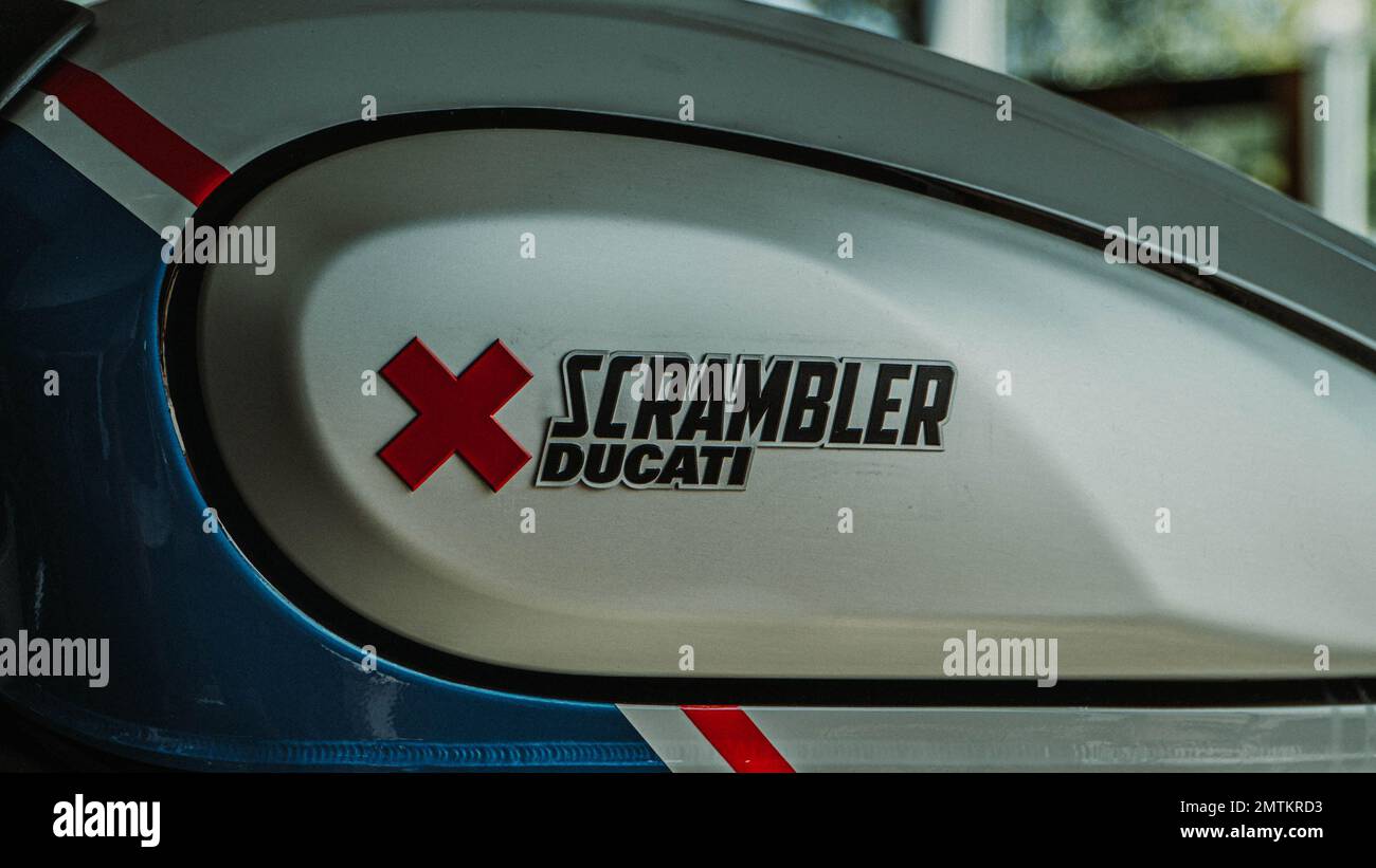 A closeup of the logo of scrambler Ducati motorcycle, iconic Italian ...
