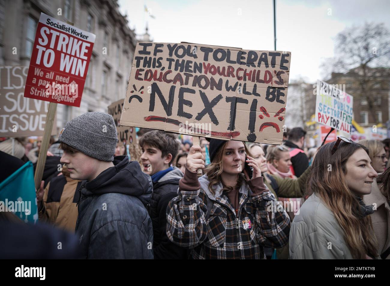 London, UK. 1st February 2023. Thousands of striking teachers gather in ...