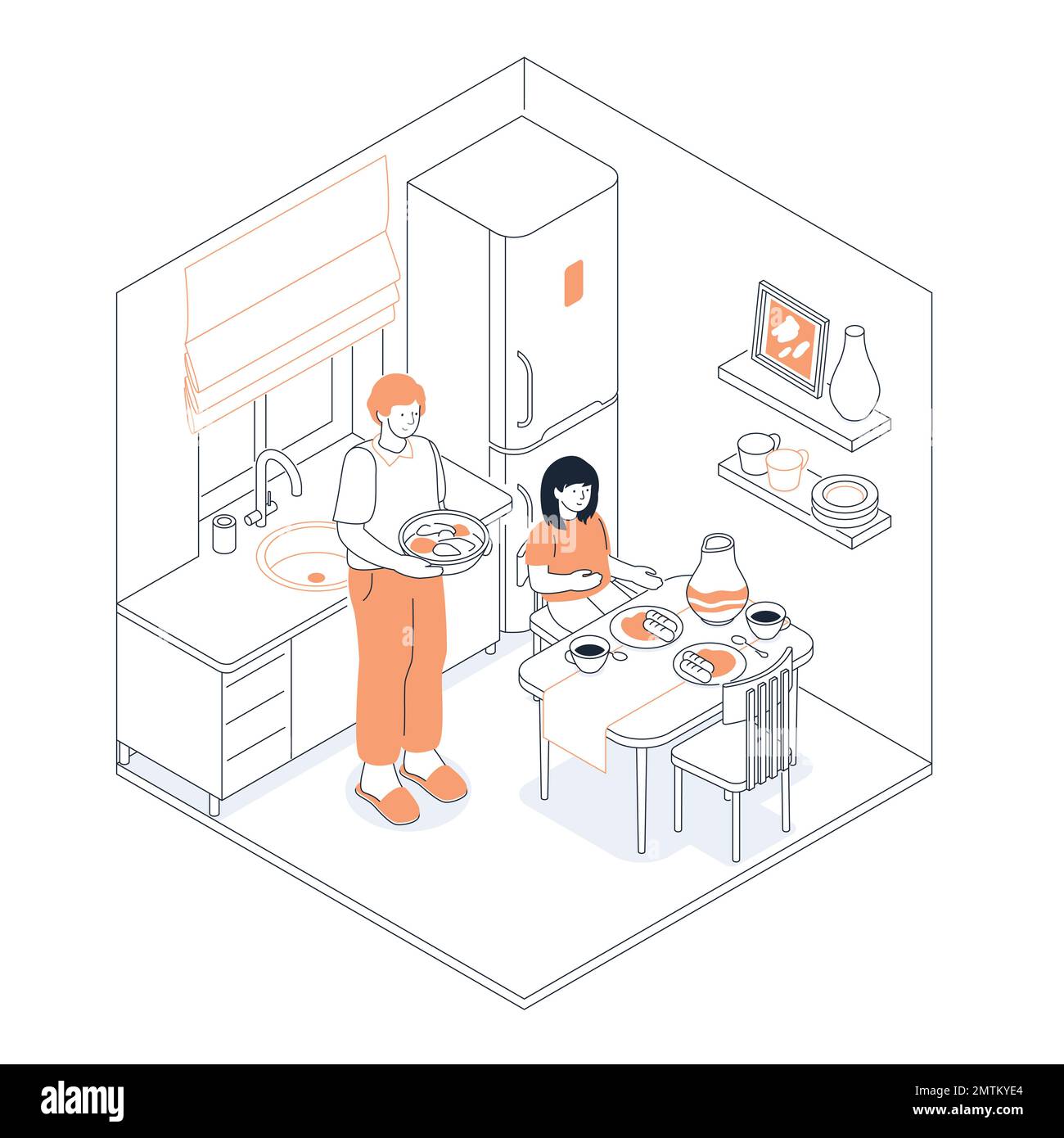 Family lunch in the kitchen - modern line design style isometric ...
