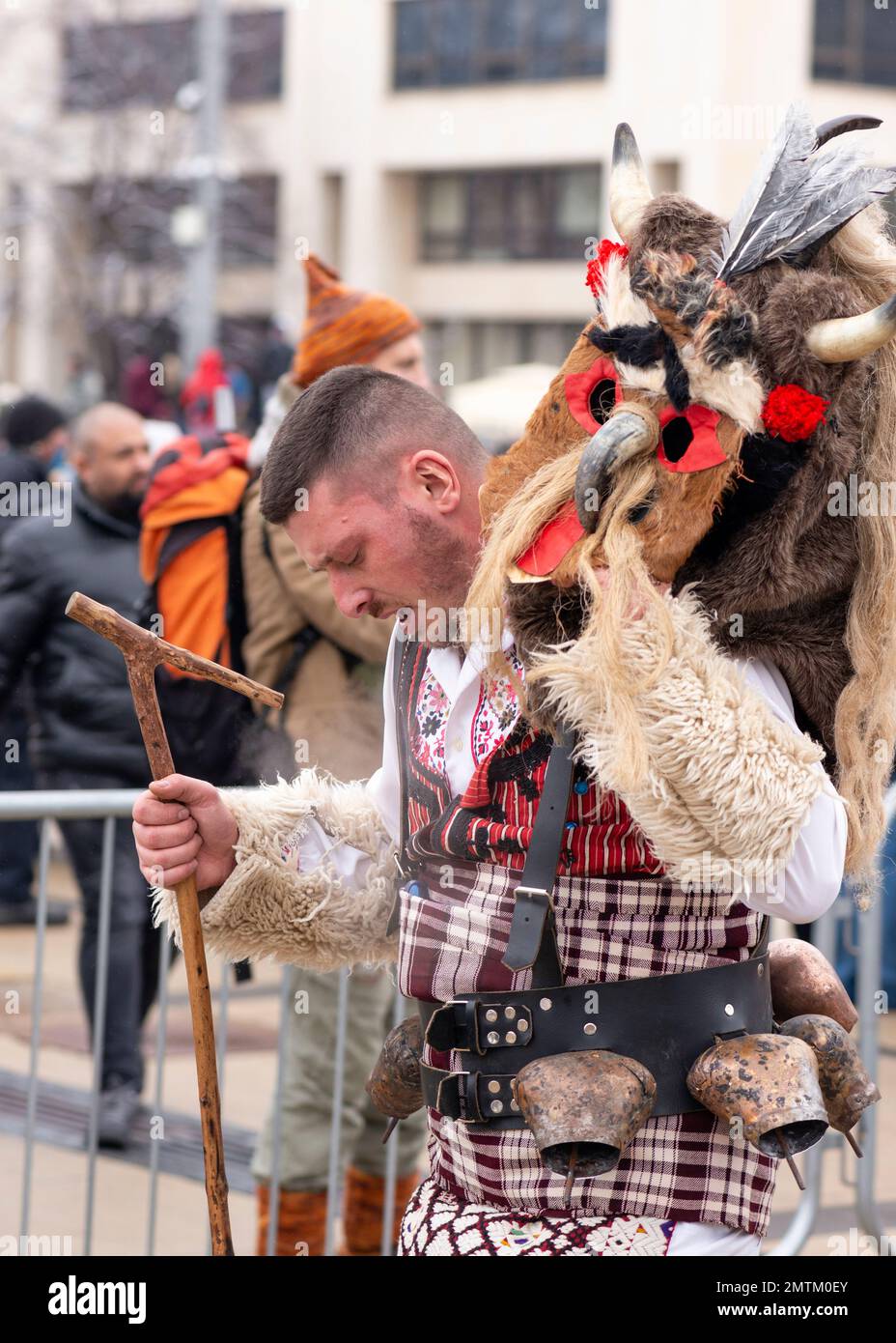 Kukeri dancer with mask off after the show at Surva International ...
