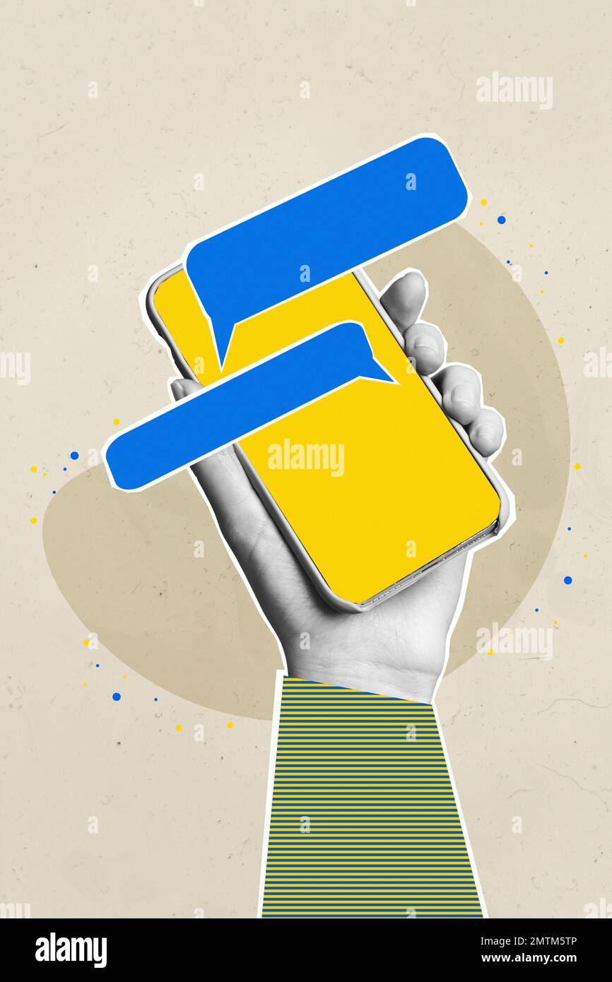 Vertical collage image of black white gamma arm hold telephone screen ...