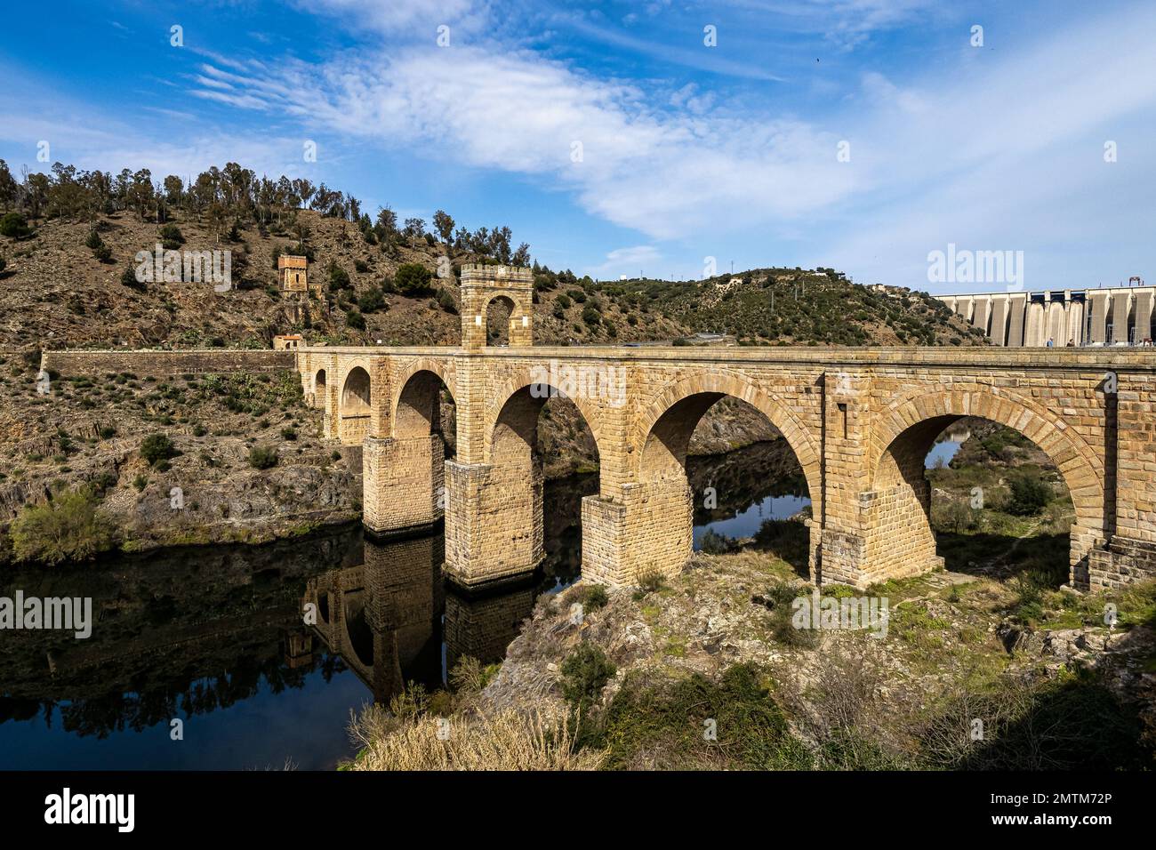 Roman bridge over the Tagus, Tajo river in Alcantara, Caceres province ...