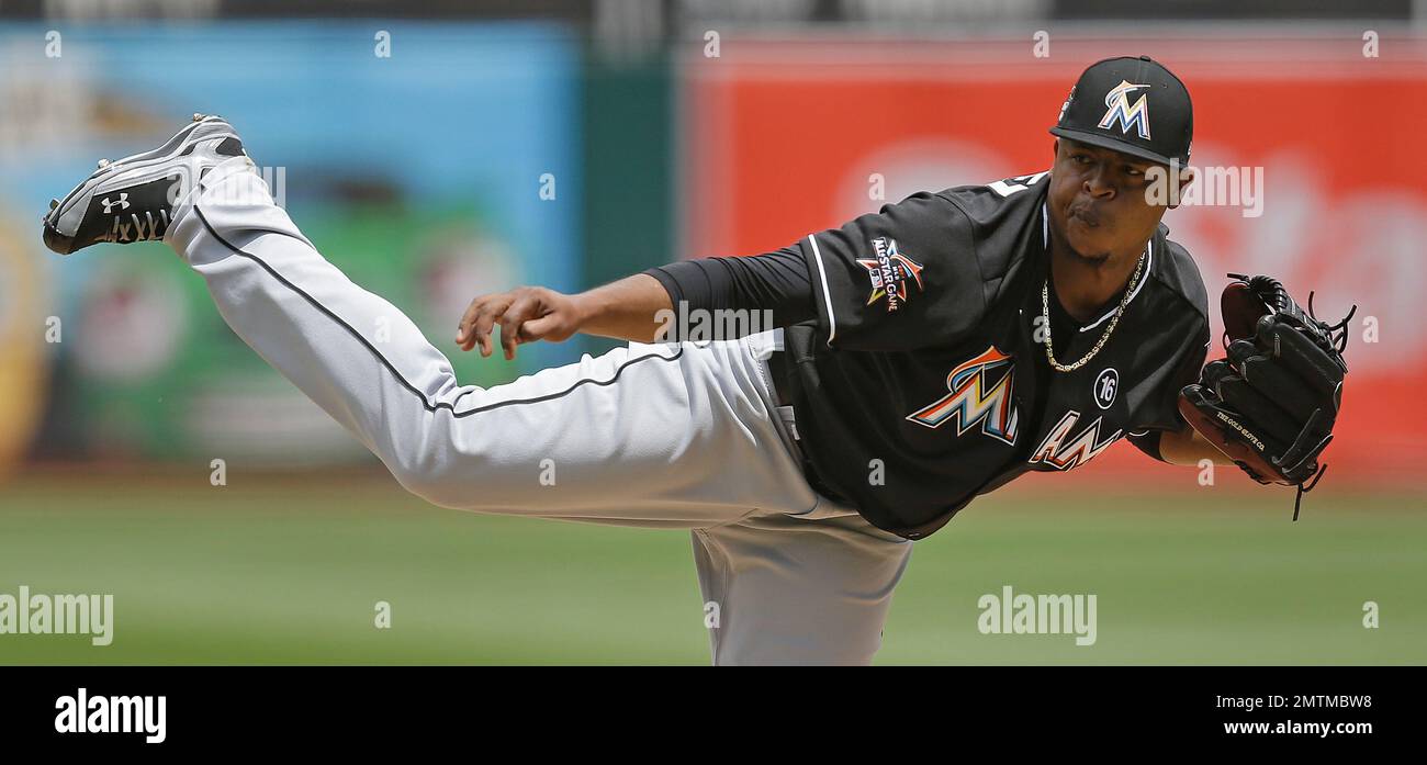 Miami Marlins pitcher Edinson Volquez works against the Oakland ...