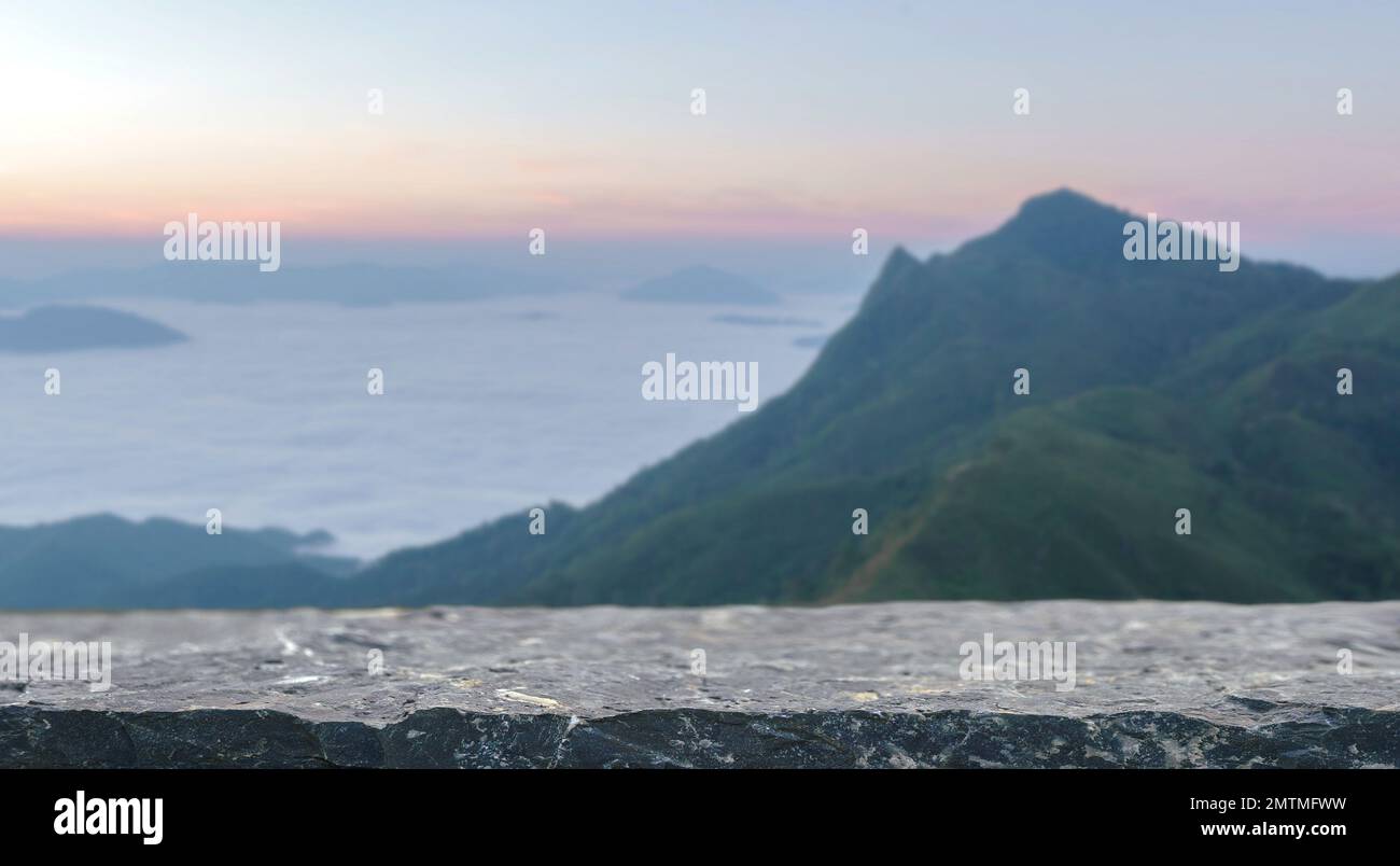 empty rock stone tabletop with misty mountain relax scene nature ...