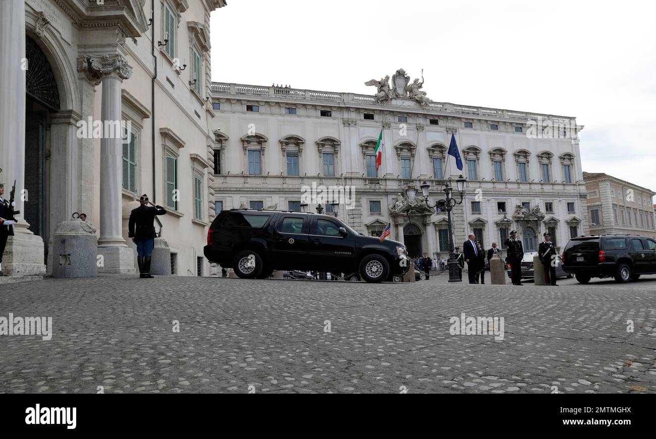 President Donald Trump's car leaves the Quirinale Presidential palace ...