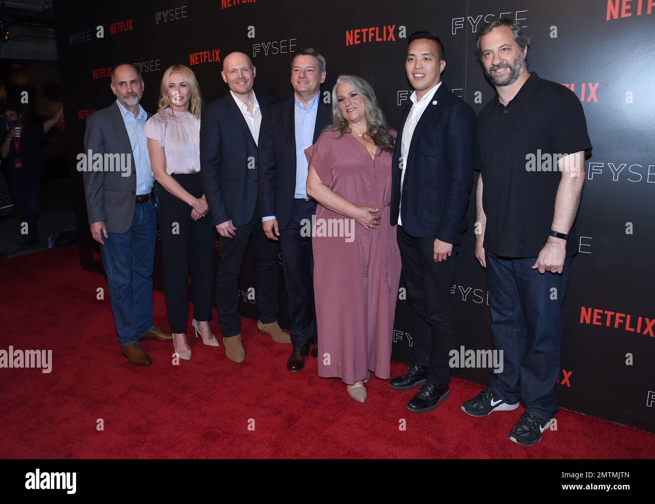 Victor Fresco, from left, Chelsea Handler, Bill Burr, Netflix CCO Ted ...