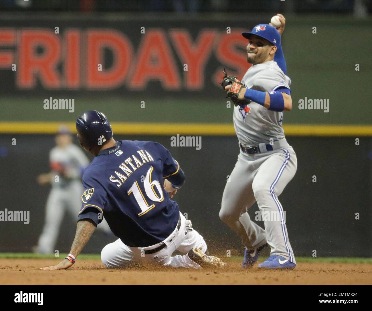 Milwaukee Brewers' Domingo Santana is out at second as Toronto Blue ...