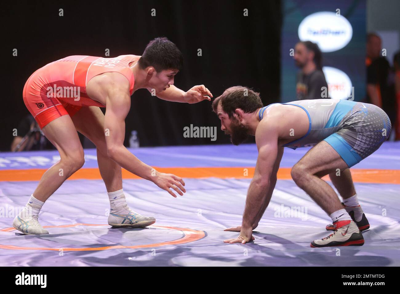 ZAGREB, CROATIA – FEBRUARY 01: Rikuto Arai of Japan (red) competes ...