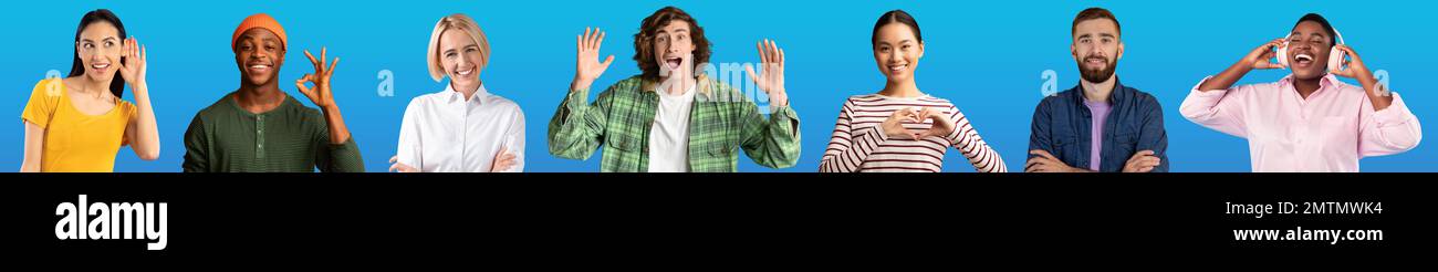 Collection of multiracial men and women grimacing and gesturing ...