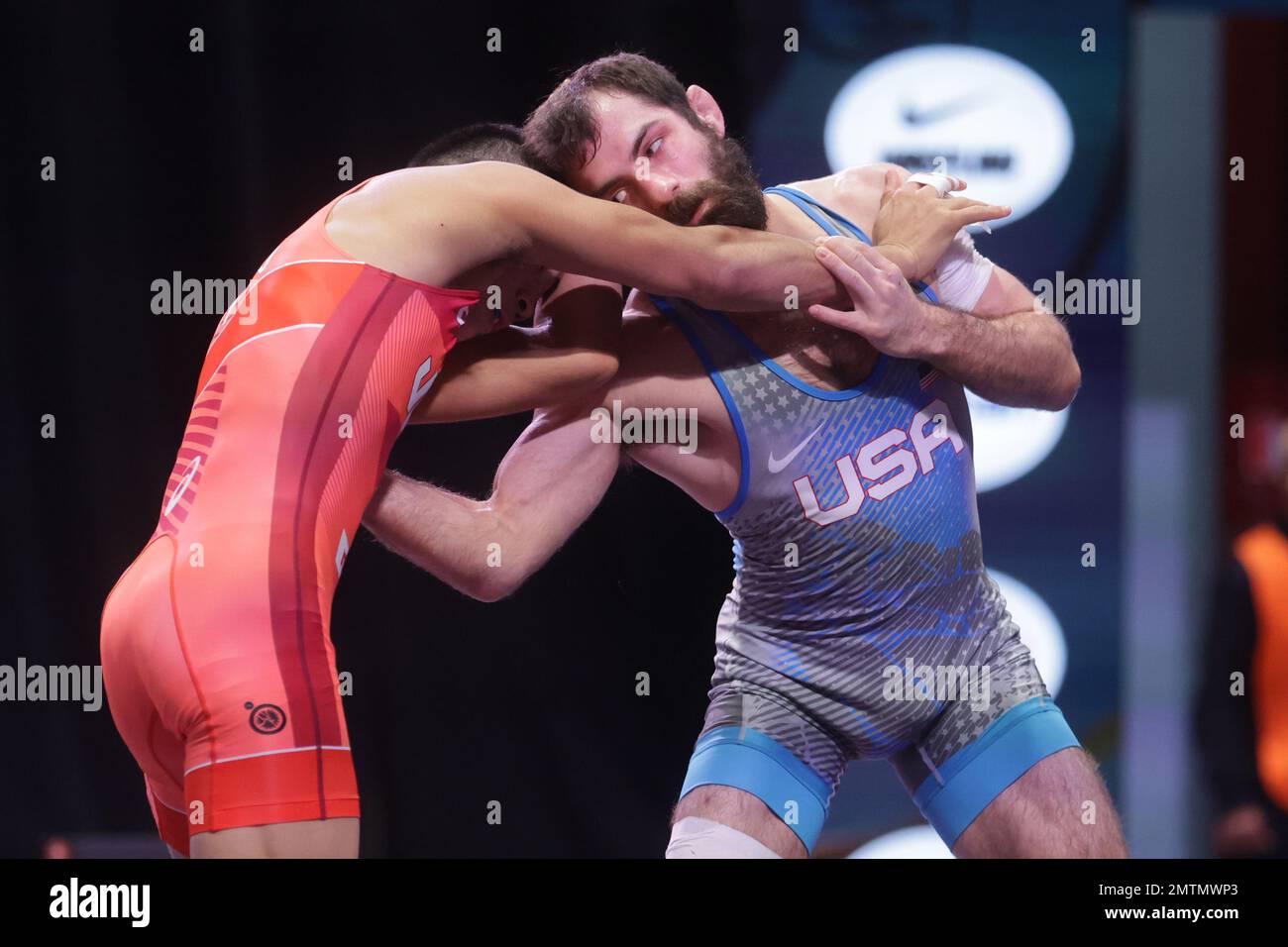 ZAGREB, CROATIA – FEBRUARY 01: Yuto Nishiuchi of Japan (red) competes ...