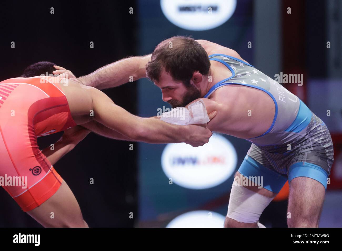 ZAGREB, CROATIA – FEBRUARY 01: Yuto Nishiuchi of Japan (red) competes ...