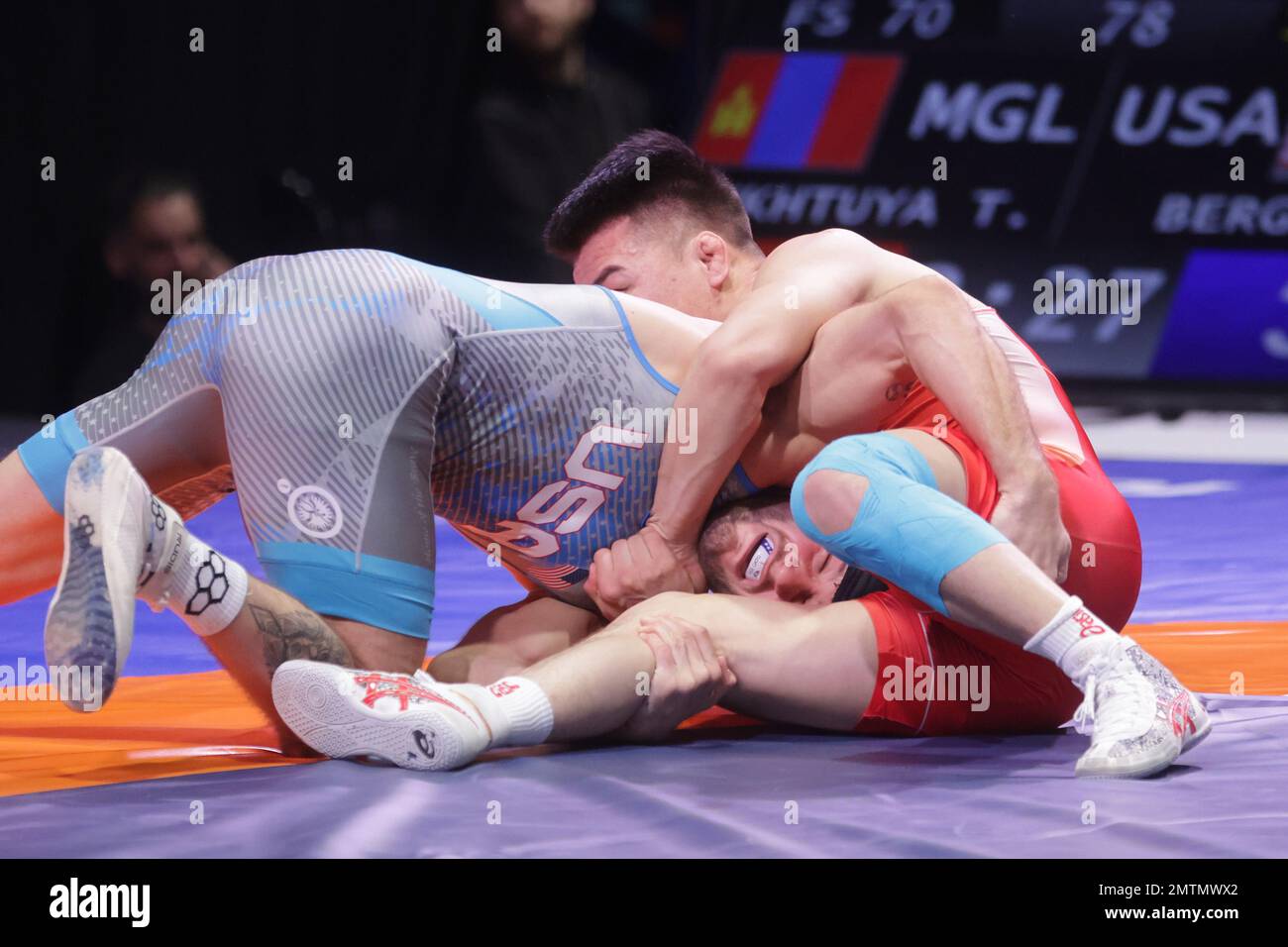 ZAGREB, CROATIA – FEBRUARY 01: Temuulen Enkhtuya of Mongolia (red ...