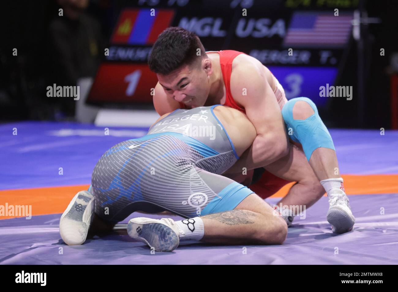 ZAGREB, CROATIA – FEBRUARY 01: Temuulen Enkhtuya of Mongolia (red ...